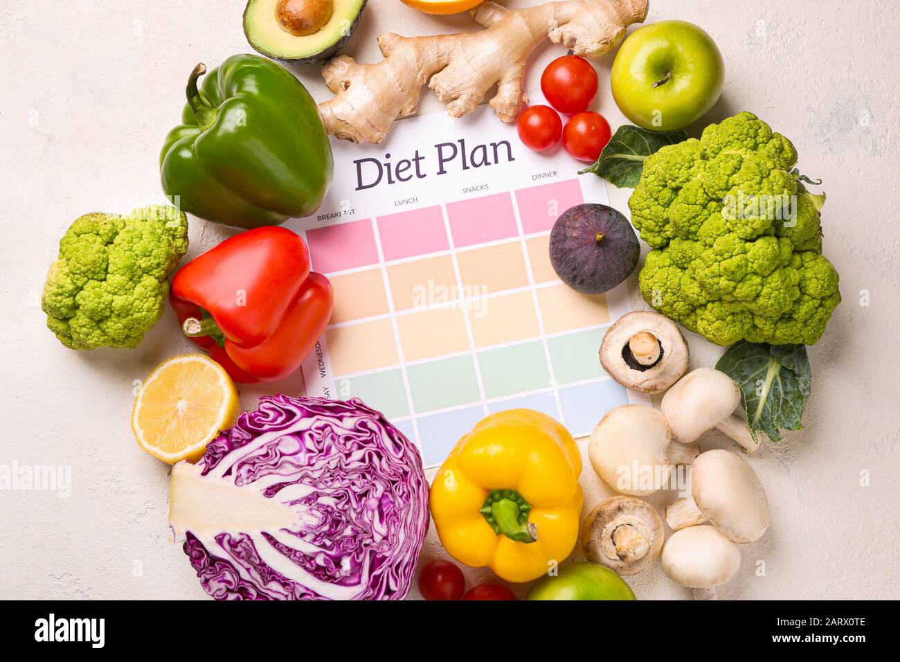 Sheet of paper with diet plan and healthy products on light background ...