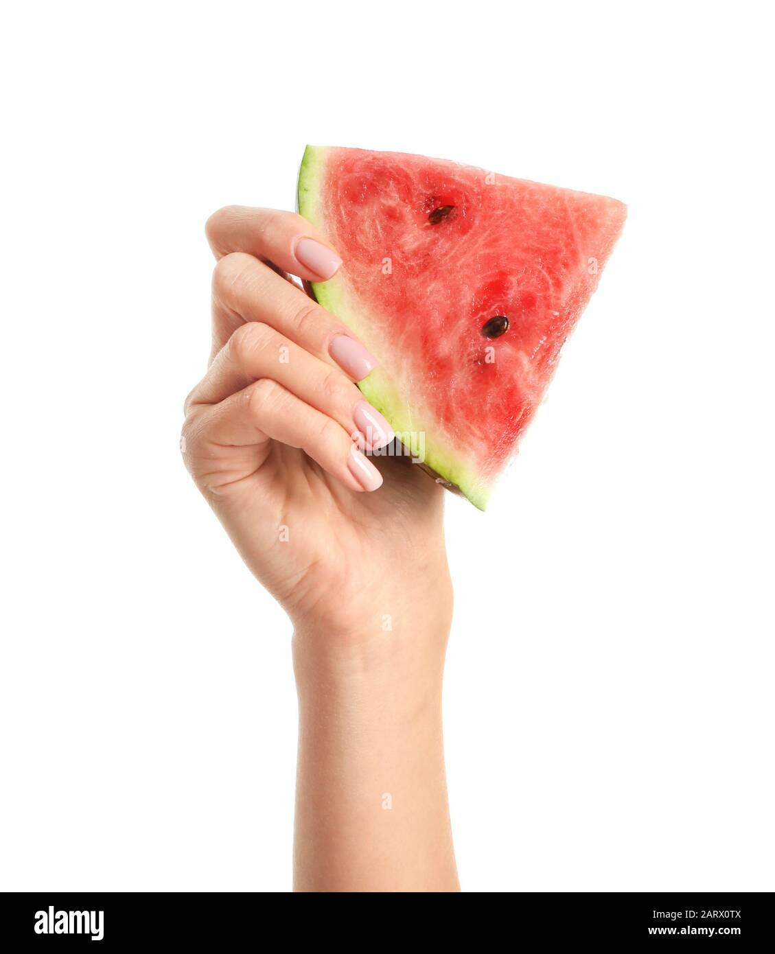 Female hand with piece of juicy watermelon on white background Stock ...