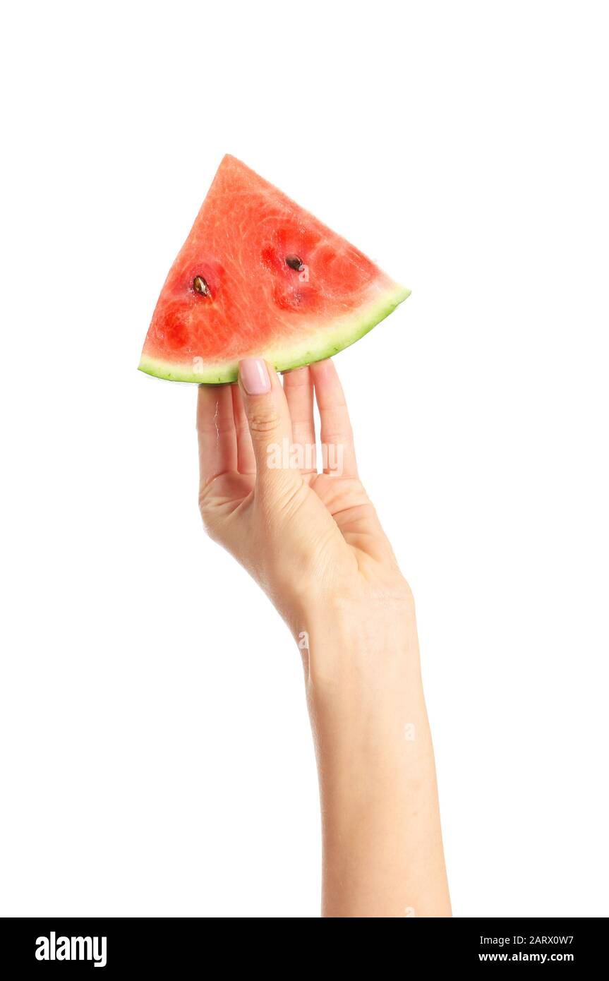 Female hand with piece of juicy watermelon on white background Stock ...