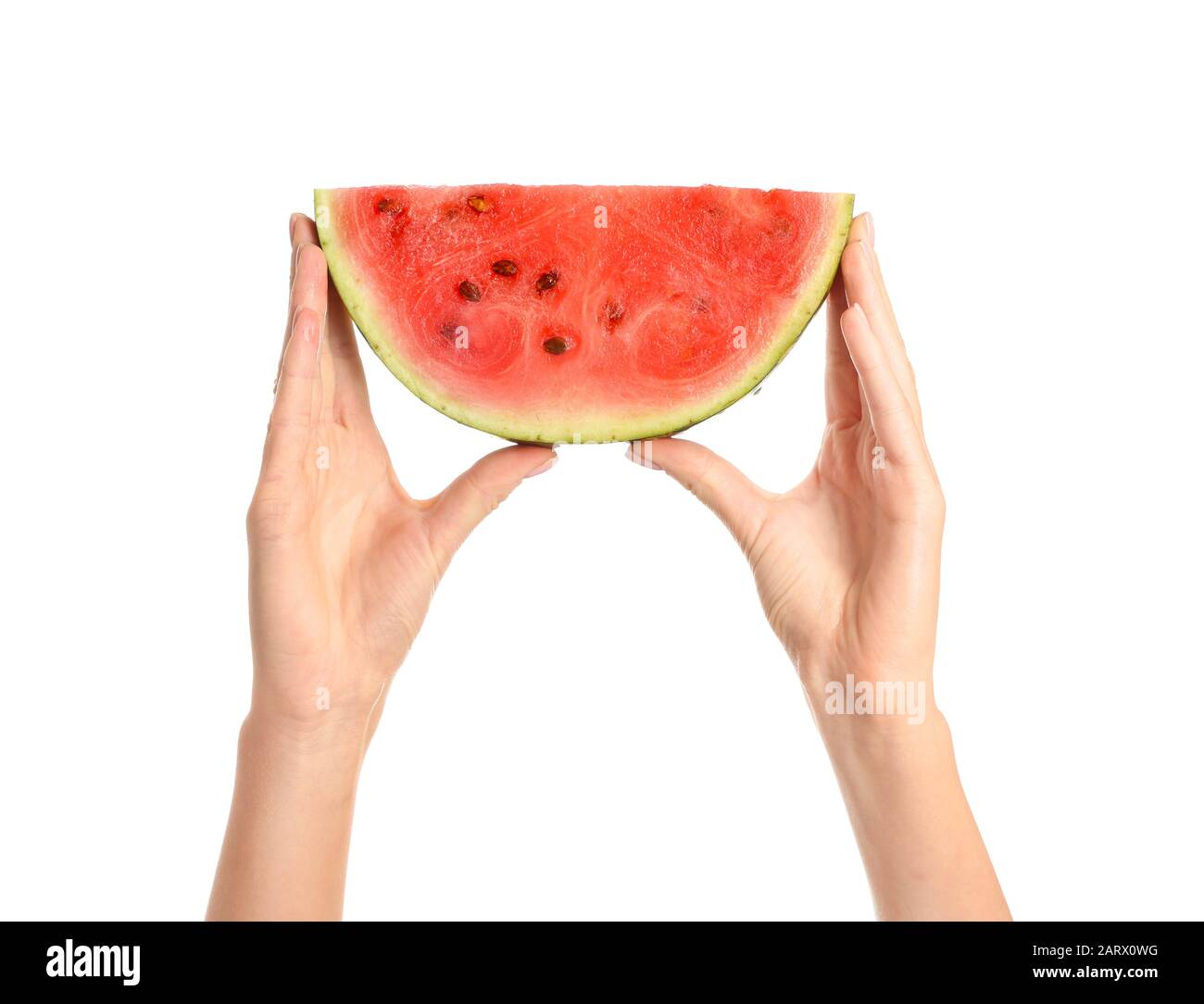 Female hands with piece of juicy watermelon on white background Stock ...