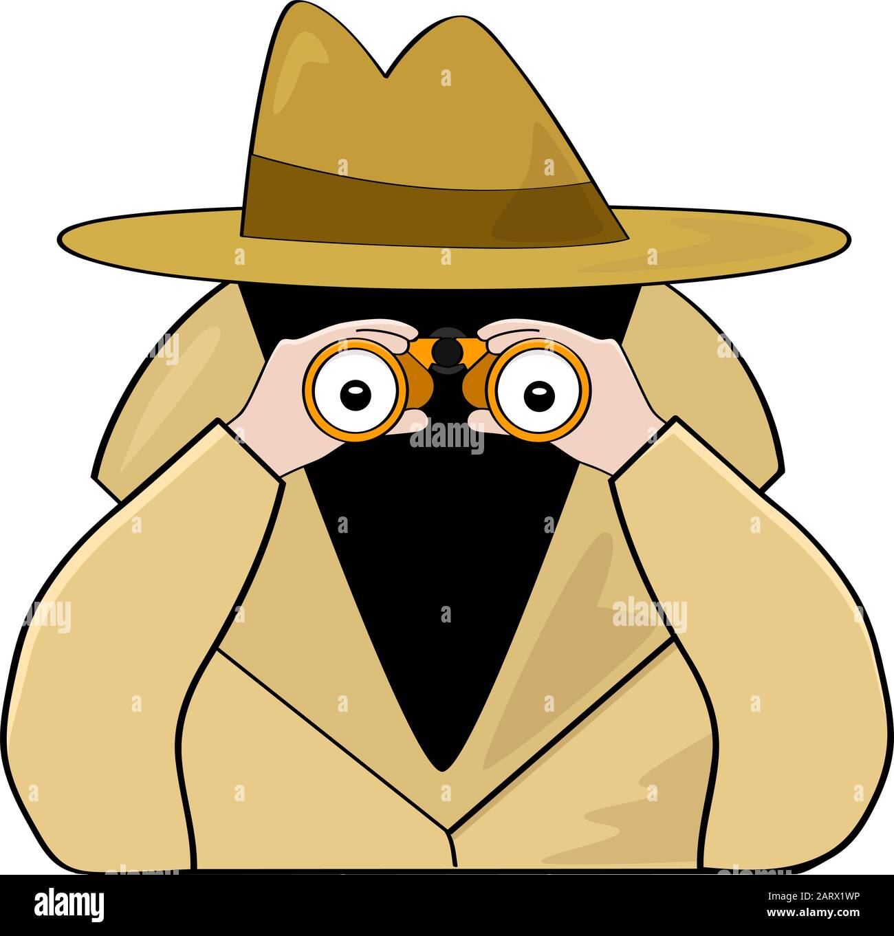 Cartoon illustration of a spy wearing a raincoat with a had and using ...