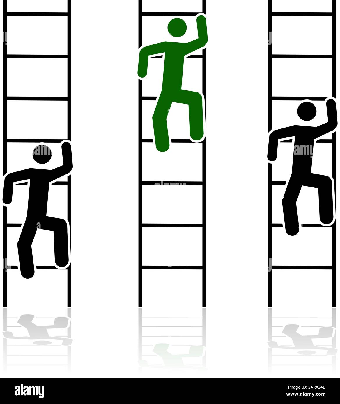 Concept illustration showing three different people climbing ladders ...