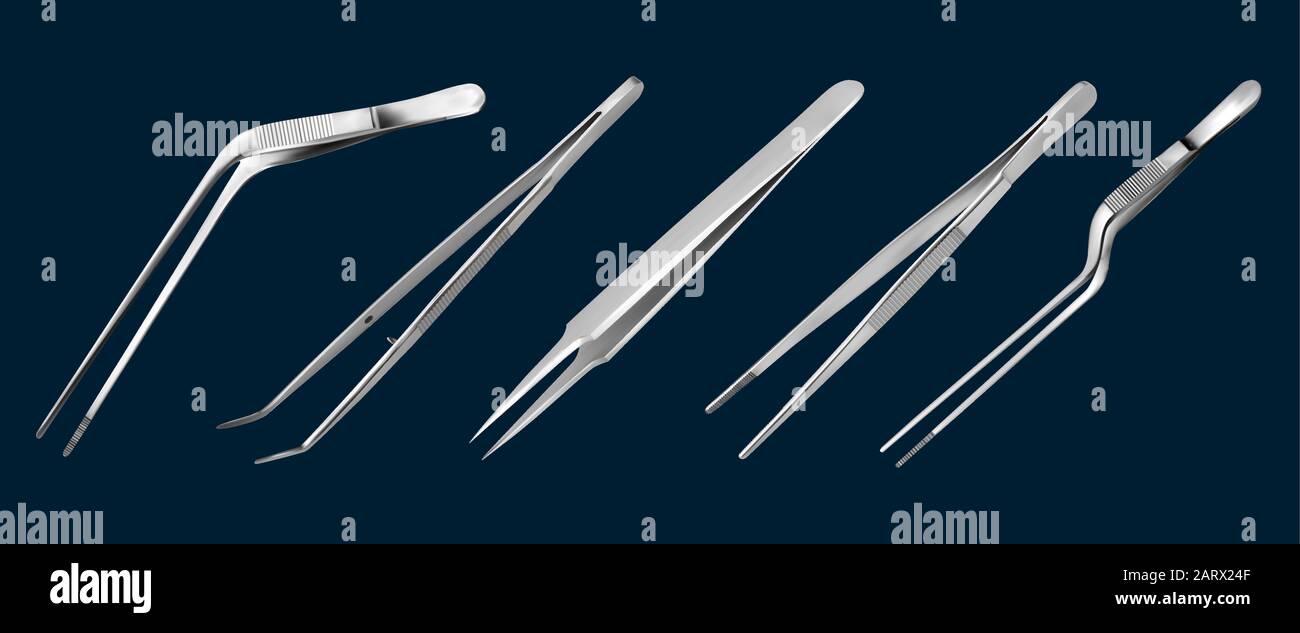 Set of tweezers. Long serrated angled tweezers, anatomical forceps ...