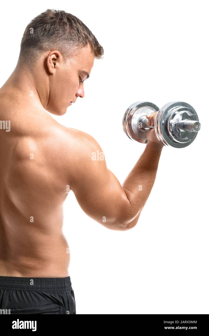 Handsome male bodybuilder with dumbbell isolated on white Stock Photo ...