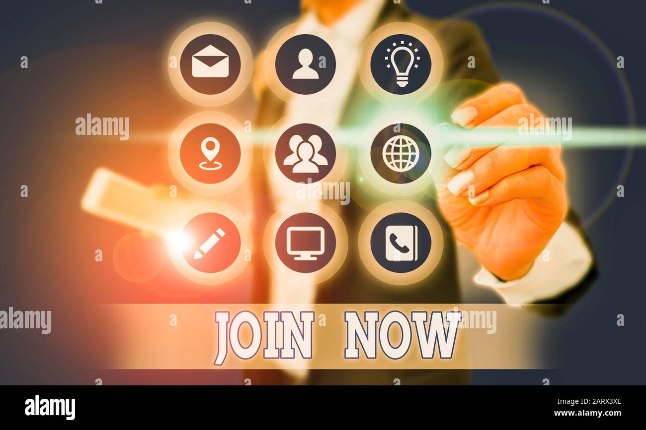 Word writing text Join Now. Business photo showcasing An invite to a ...