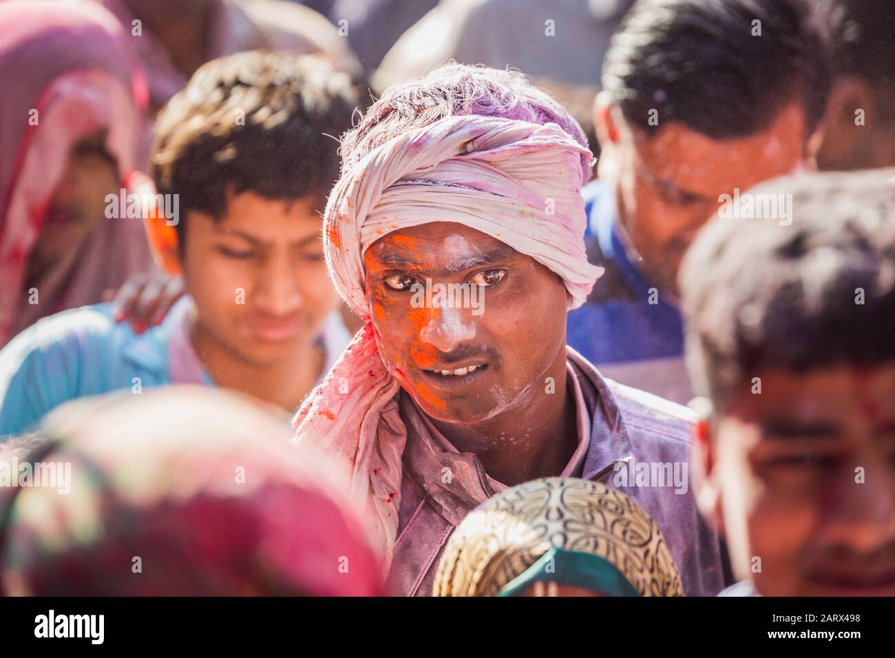 Vrindavan, India - March 12 2017: Indian people covered in different ...