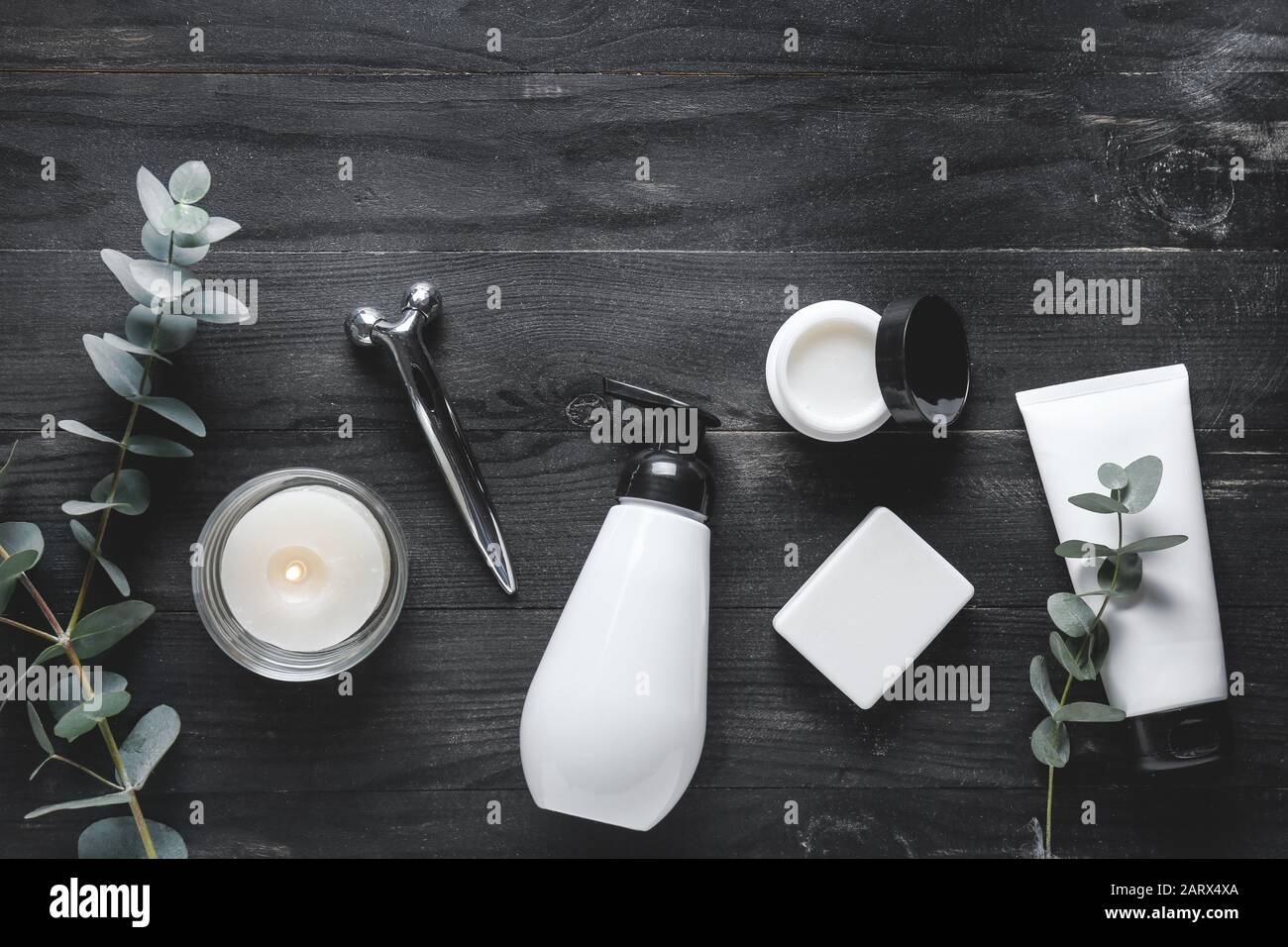 Accessories and cosmetics for personal hygiene on dark background Stock ...