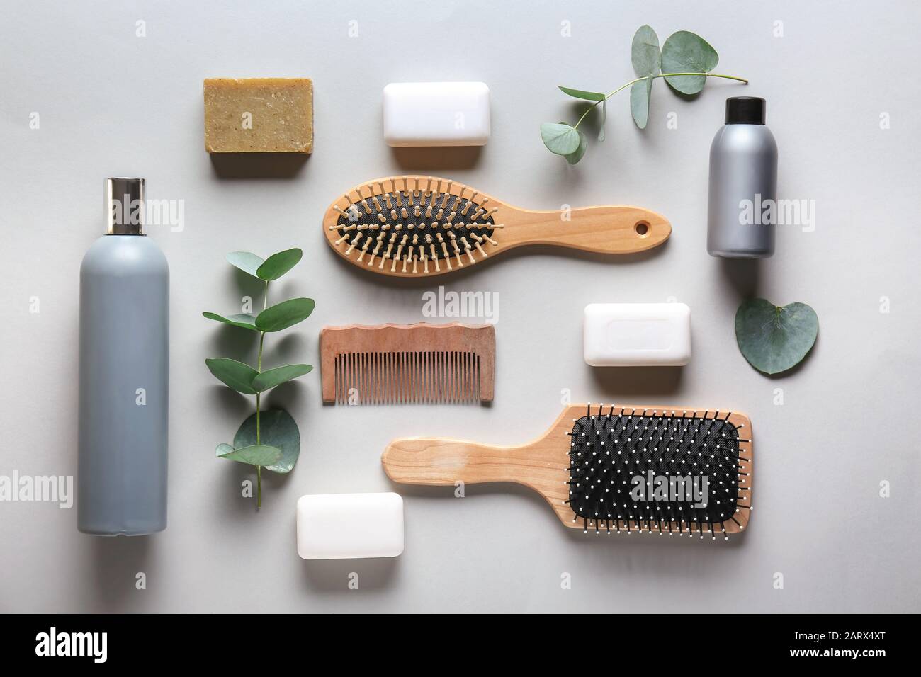 Accessories and cosmetics for personal hygiene on light background ...