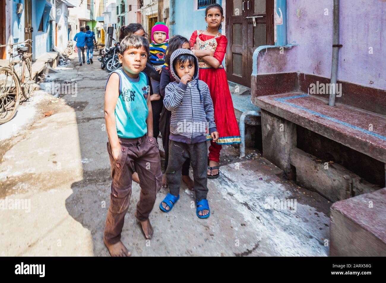 Vrindavan, India - March 12 2017: Indian people covered in different ...