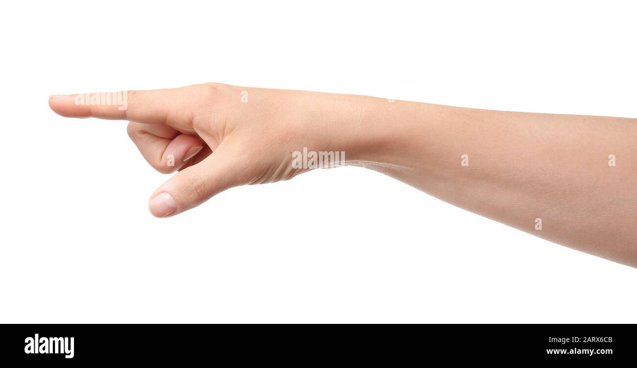 Hand of woman pointing at something on white background Stock Photo - Alamy
