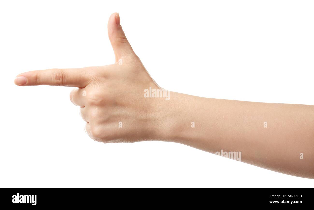 Hand of woman pointing at something on white background Stock Photo - Alamy