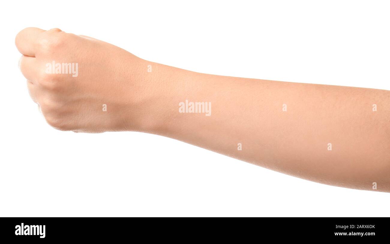 Hand of woman with clenched fist on white background Stock Photo - Alamy