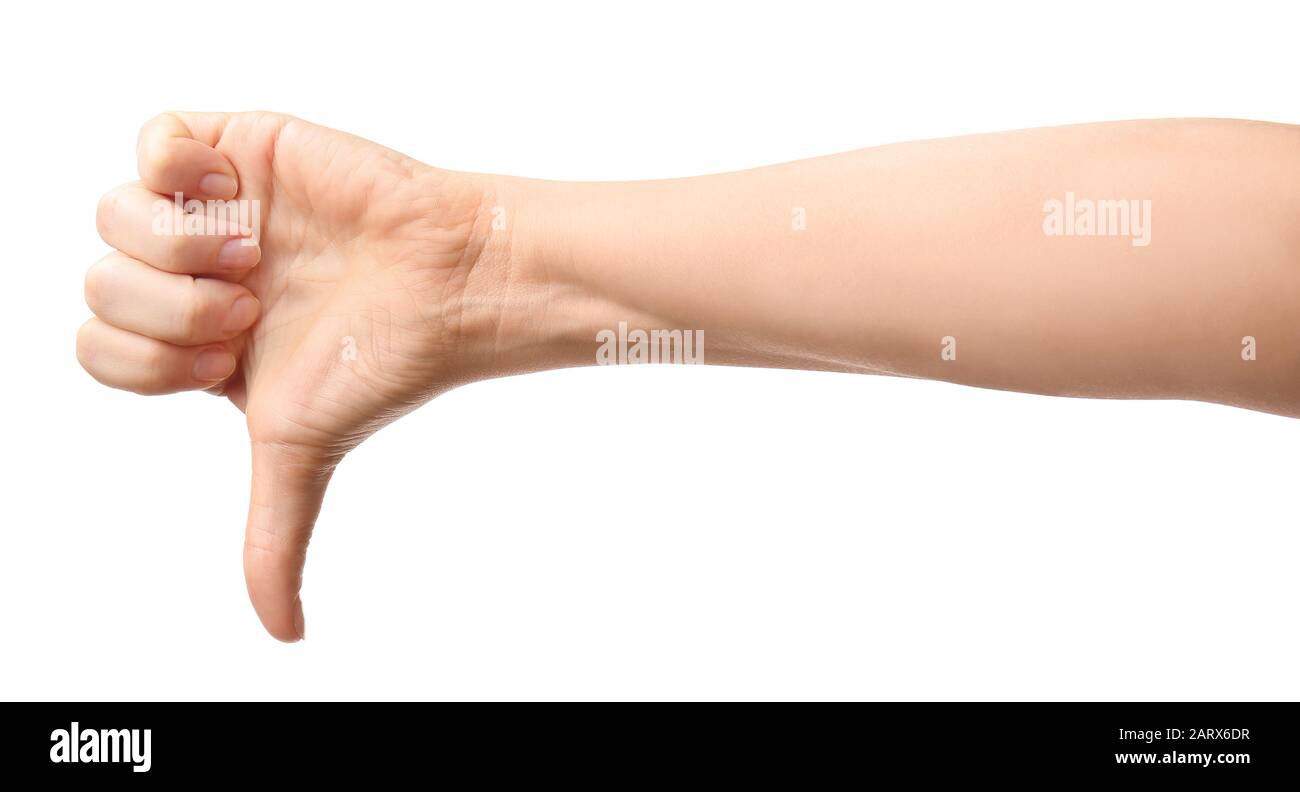 Hand of woman showing thumb-down gesture on white background Stock ...