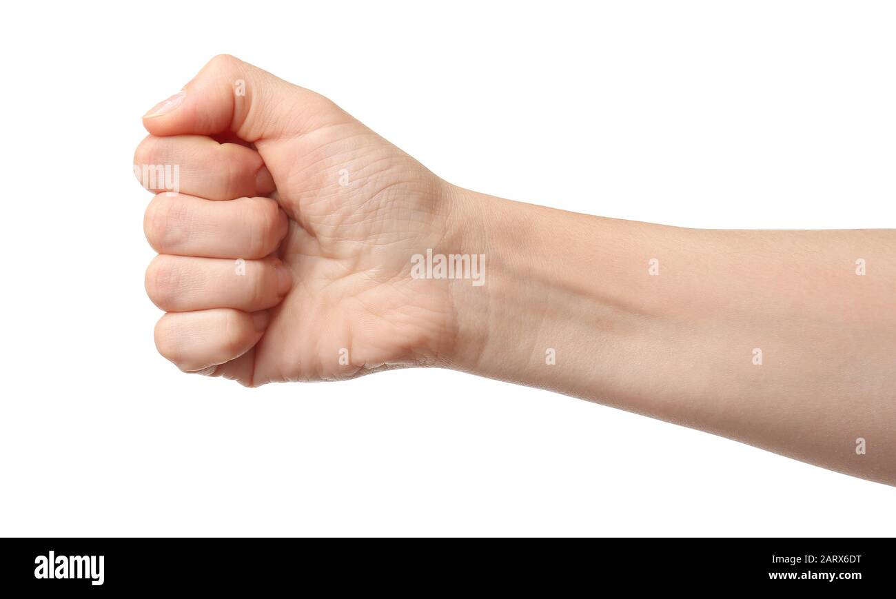 Hand of woman with clenched fist on white background Stock Photo - Alamy