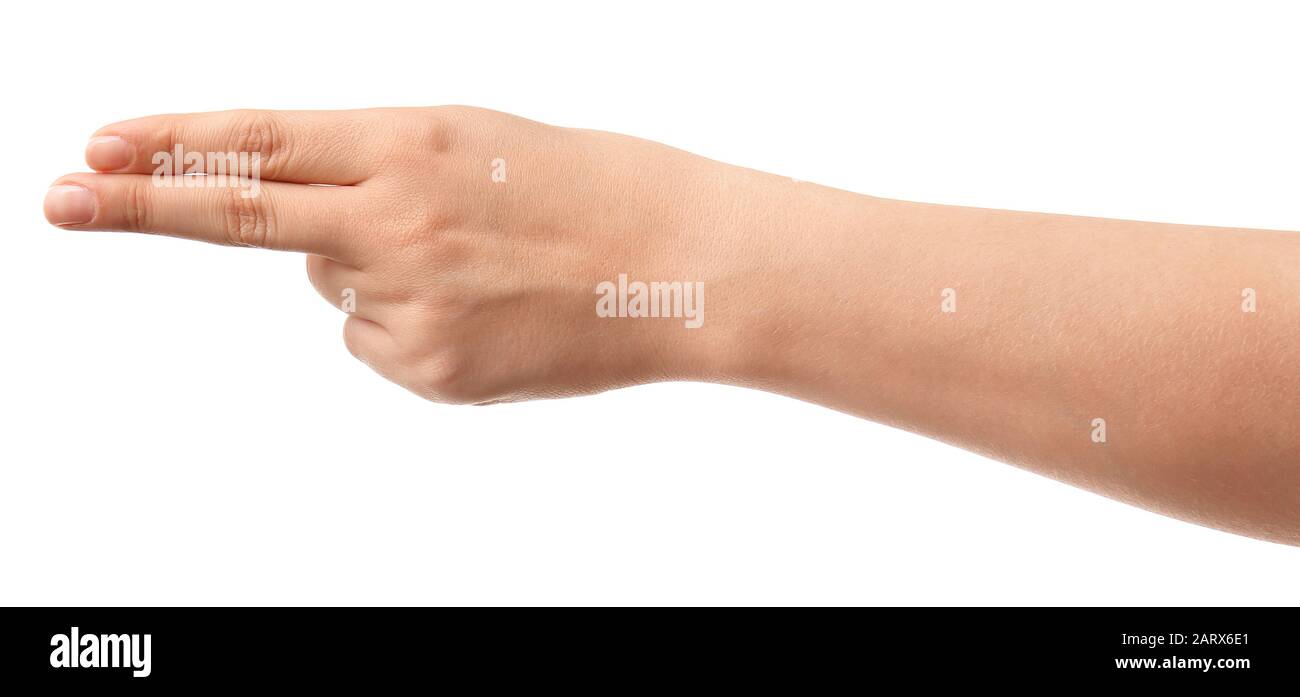 Hand of woman pointing at something on white background Stock Photo - Alamy