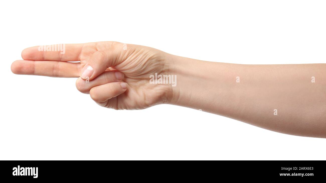 Hand of woman pointing at something on white background Stock Photo - Alamy