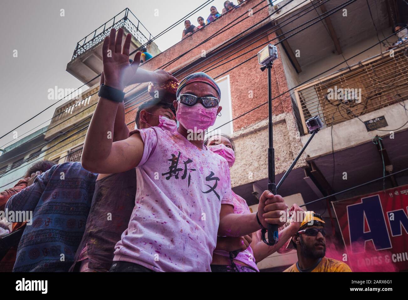 Vrindavan, India - March 12 2017: Indian people covered in different ...