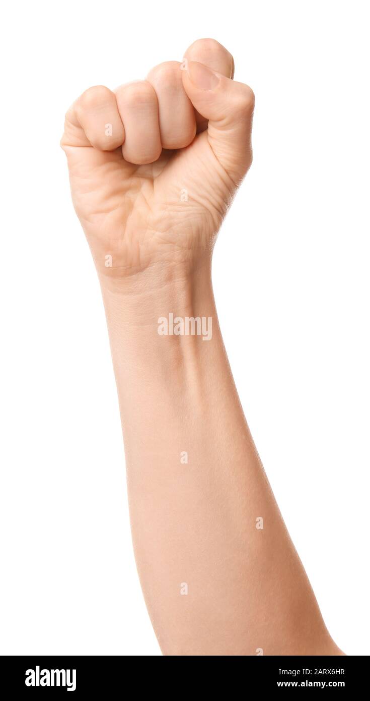 Hand of woman with clenched fist on white background Stock Photo - Alamy