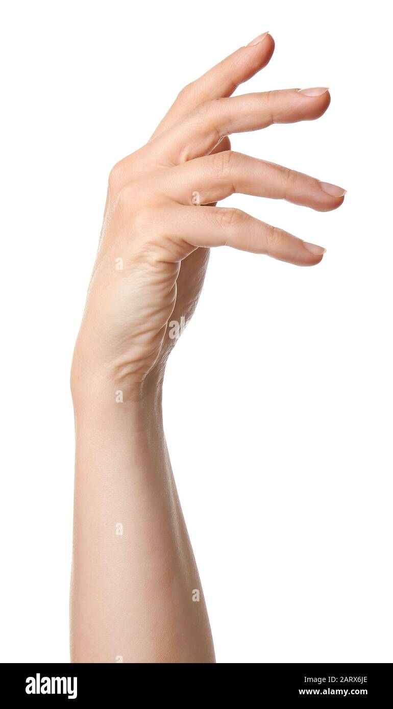 Hand of woman on white background Stock Photo - Alamy