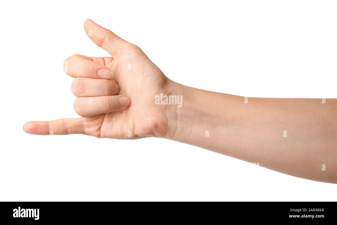 Hand of woman on white background Stock Photo - Alamy