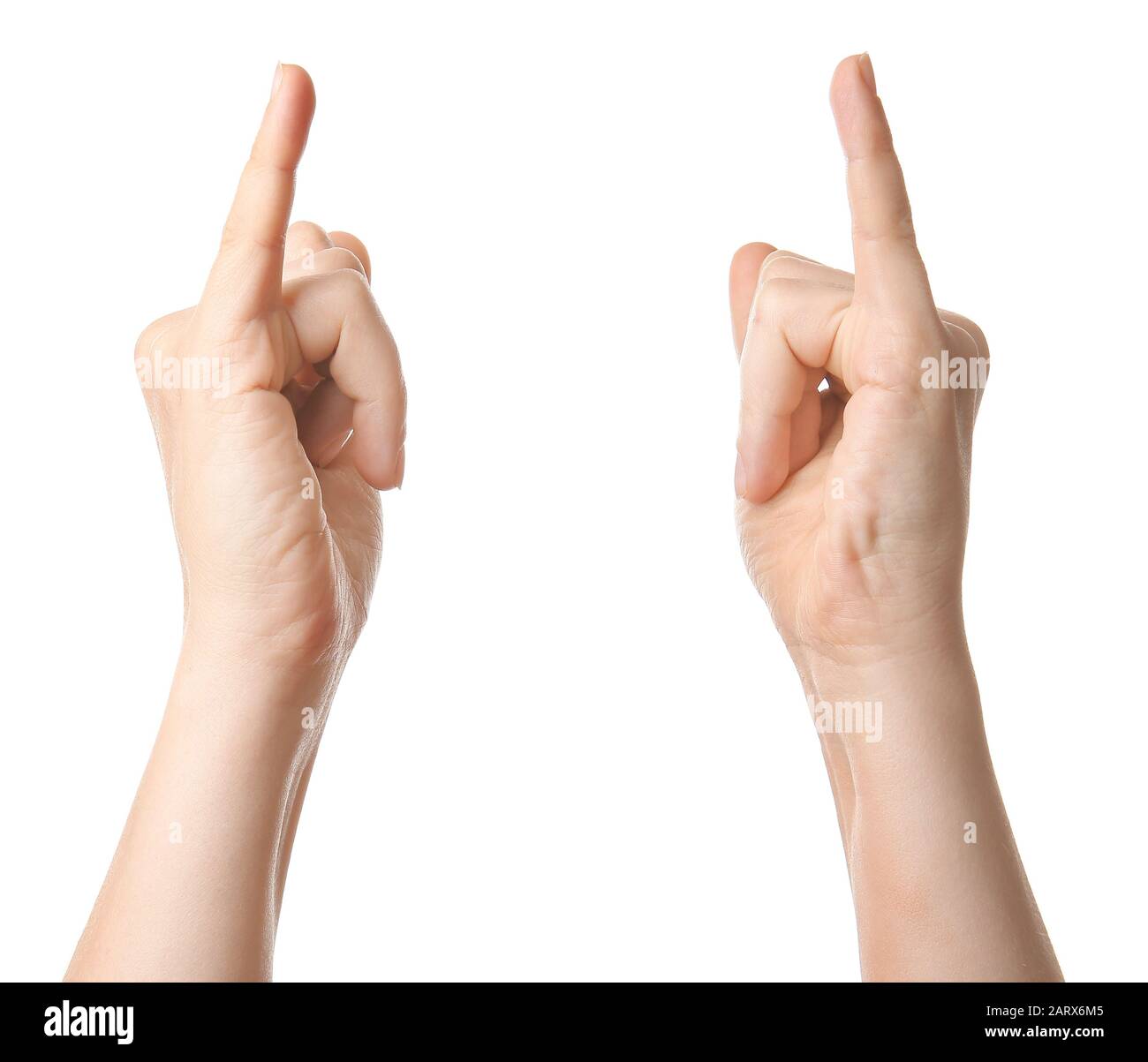 Hands of woman on white background Stock Photo - Alamy