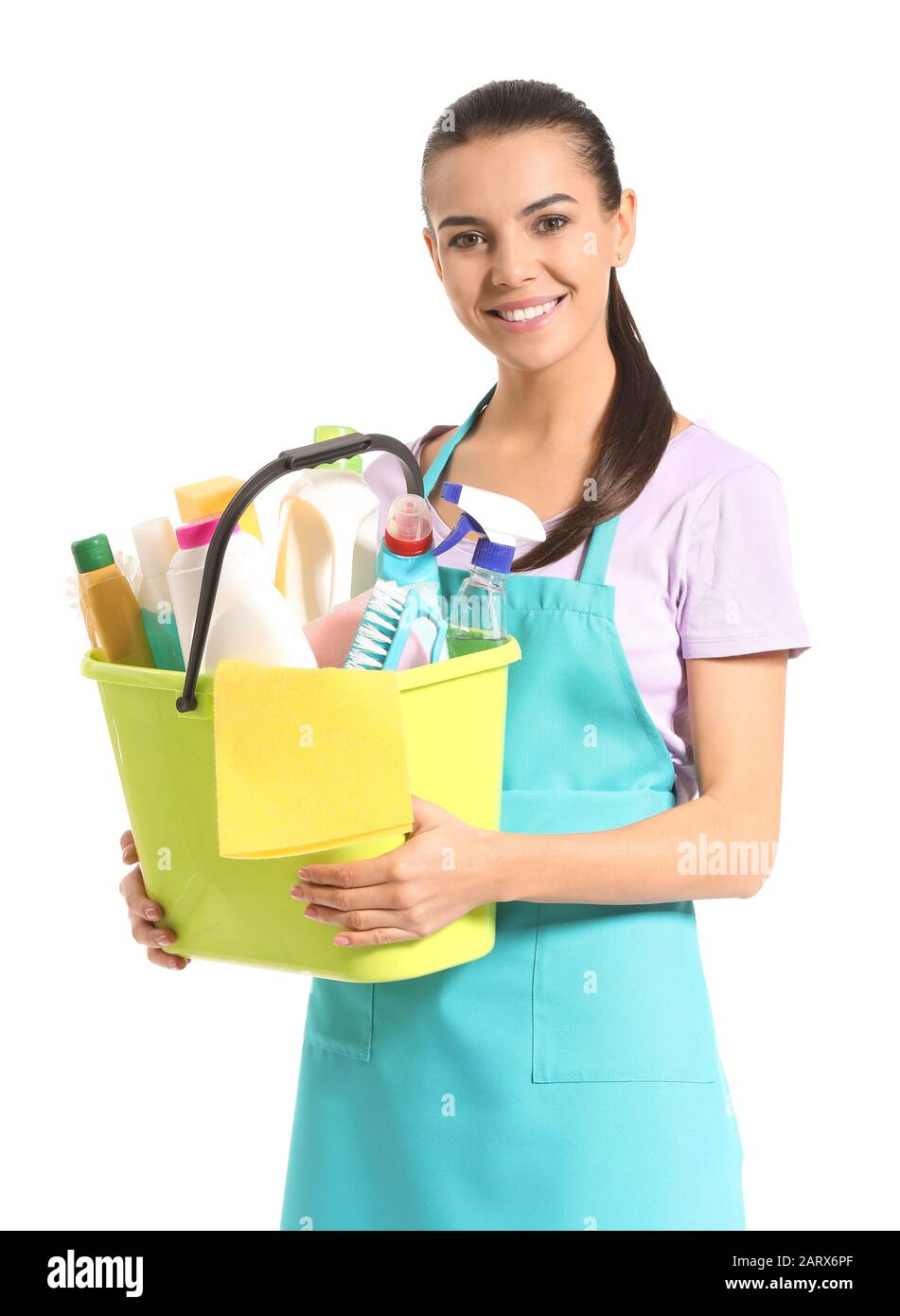 Female janitor with cleaning supplies on white background Stock Photo ...