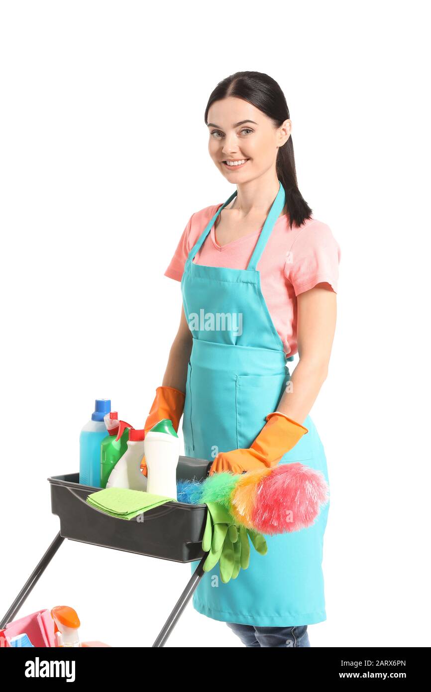 Female janitor with cleaning supplies on white background Stock Photo ...