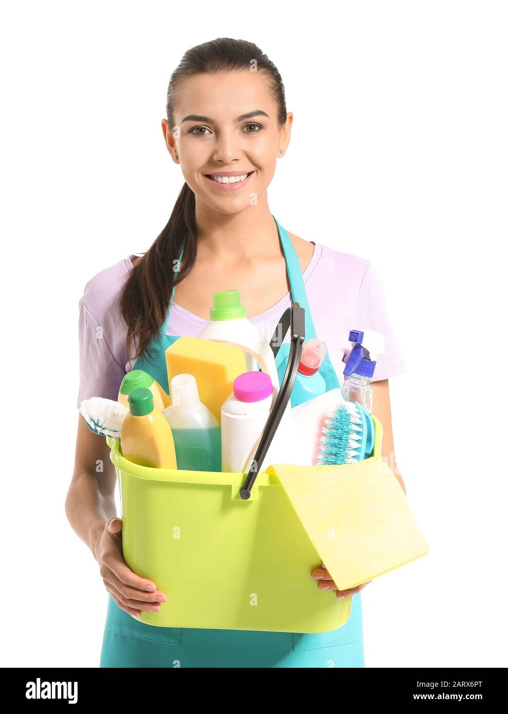 Female janitor with cleaning supplies on white background Stock Photo ...