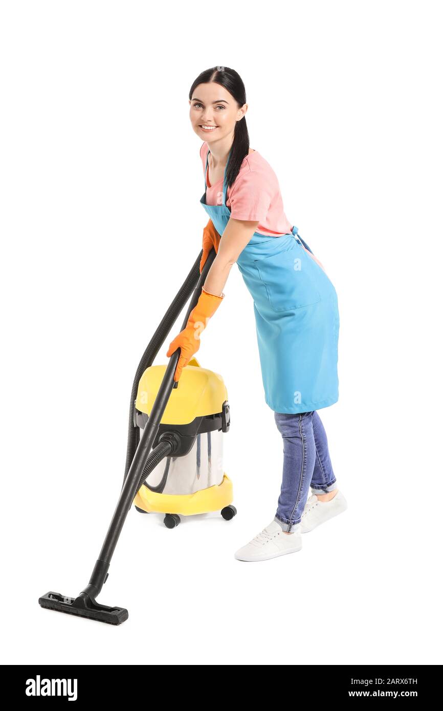 Female janitor with vacuum cleaner on white background Stock Photo - Alamy