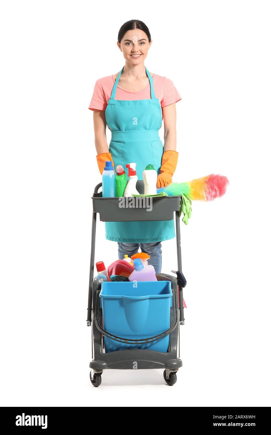 Female janitor with cleaning supplies on white background Stock Photo ...