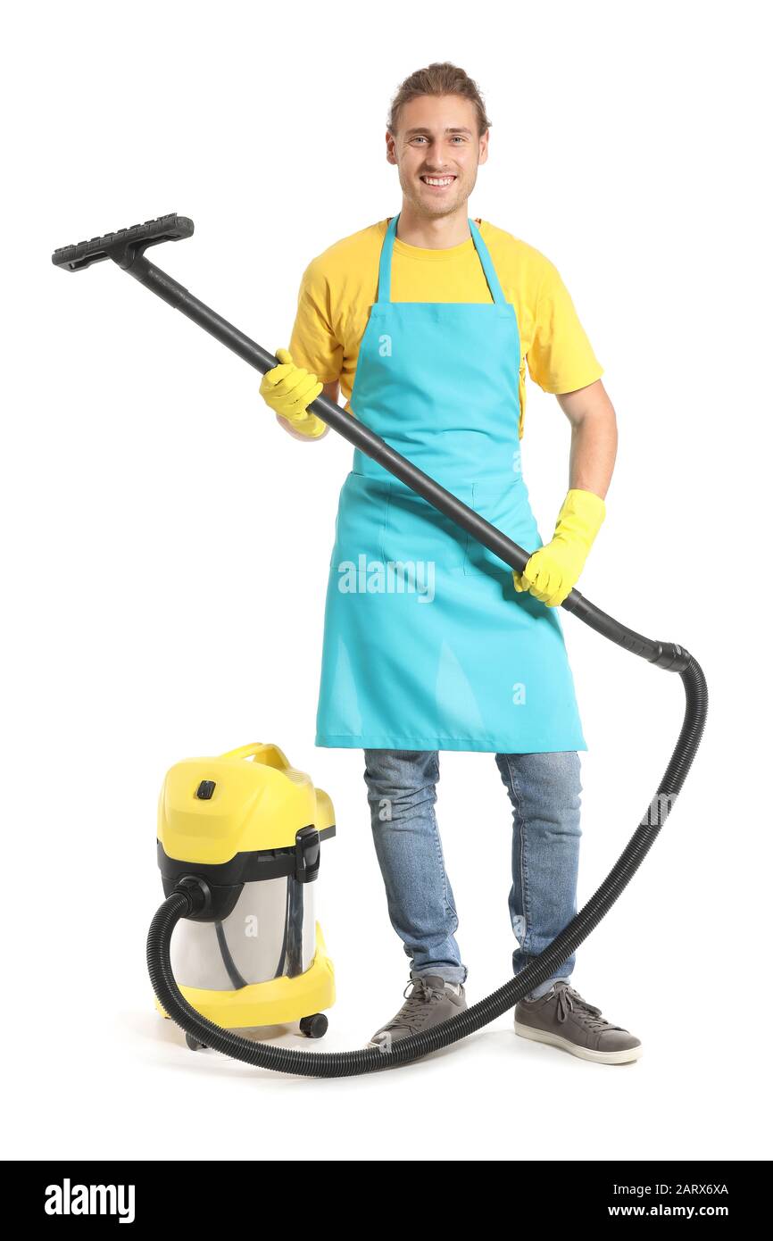 Male janitor with vacuum cleaner on white background Stock Photo - Alamy