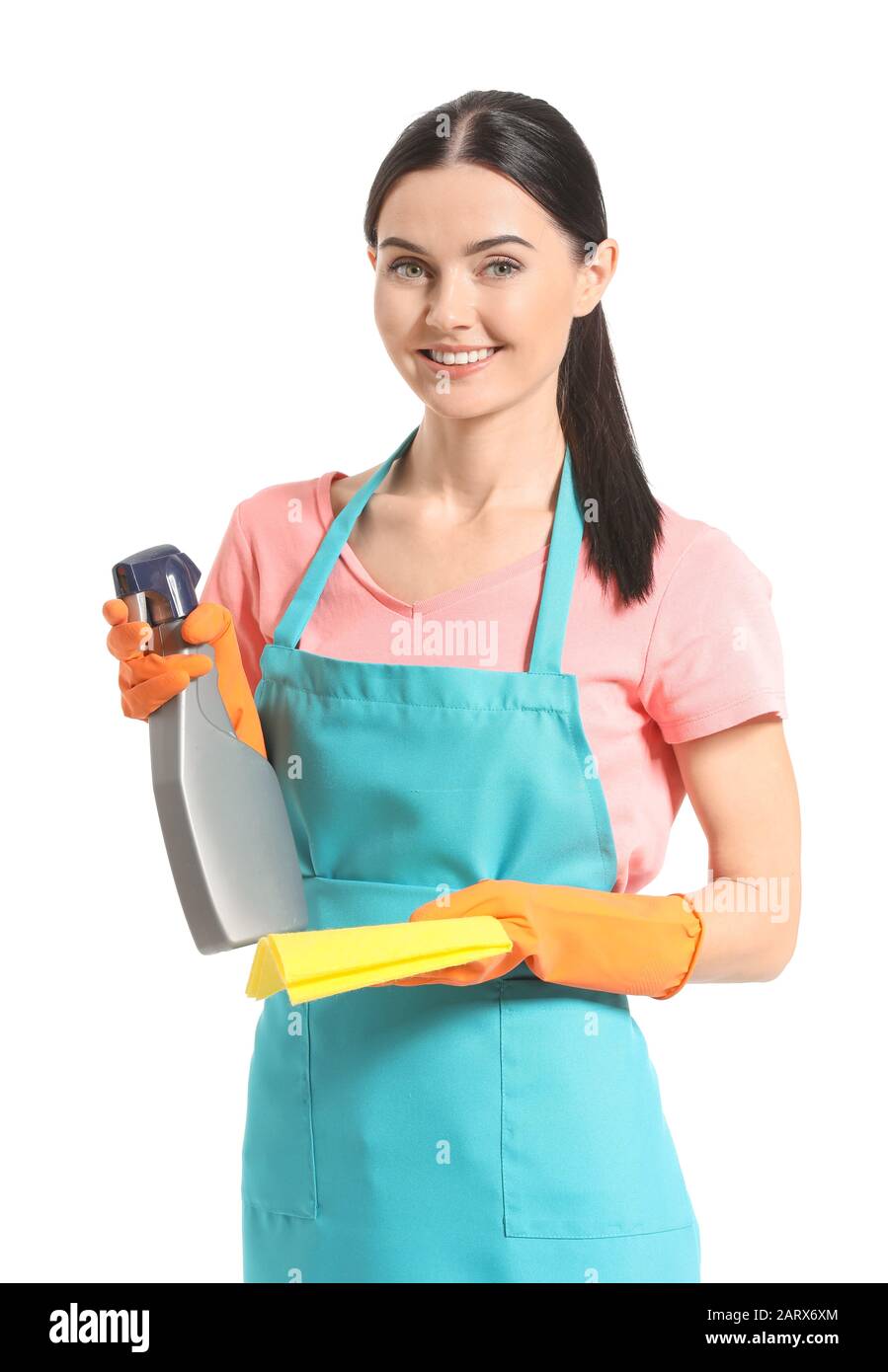 Female janitor with cleaning supplies on white background Stock Photo ...