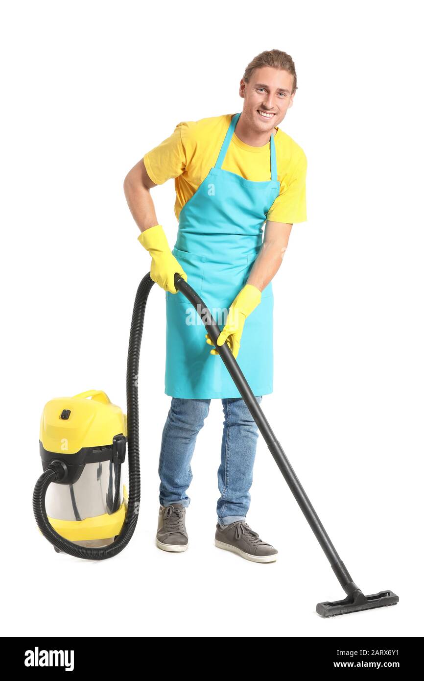Male janitor with vacuum cleaner on white background Stock Photo - Alamy