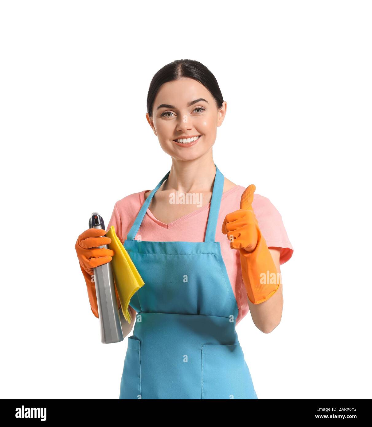 Female janitor with cleaning supplies on white background Stock Photo ...