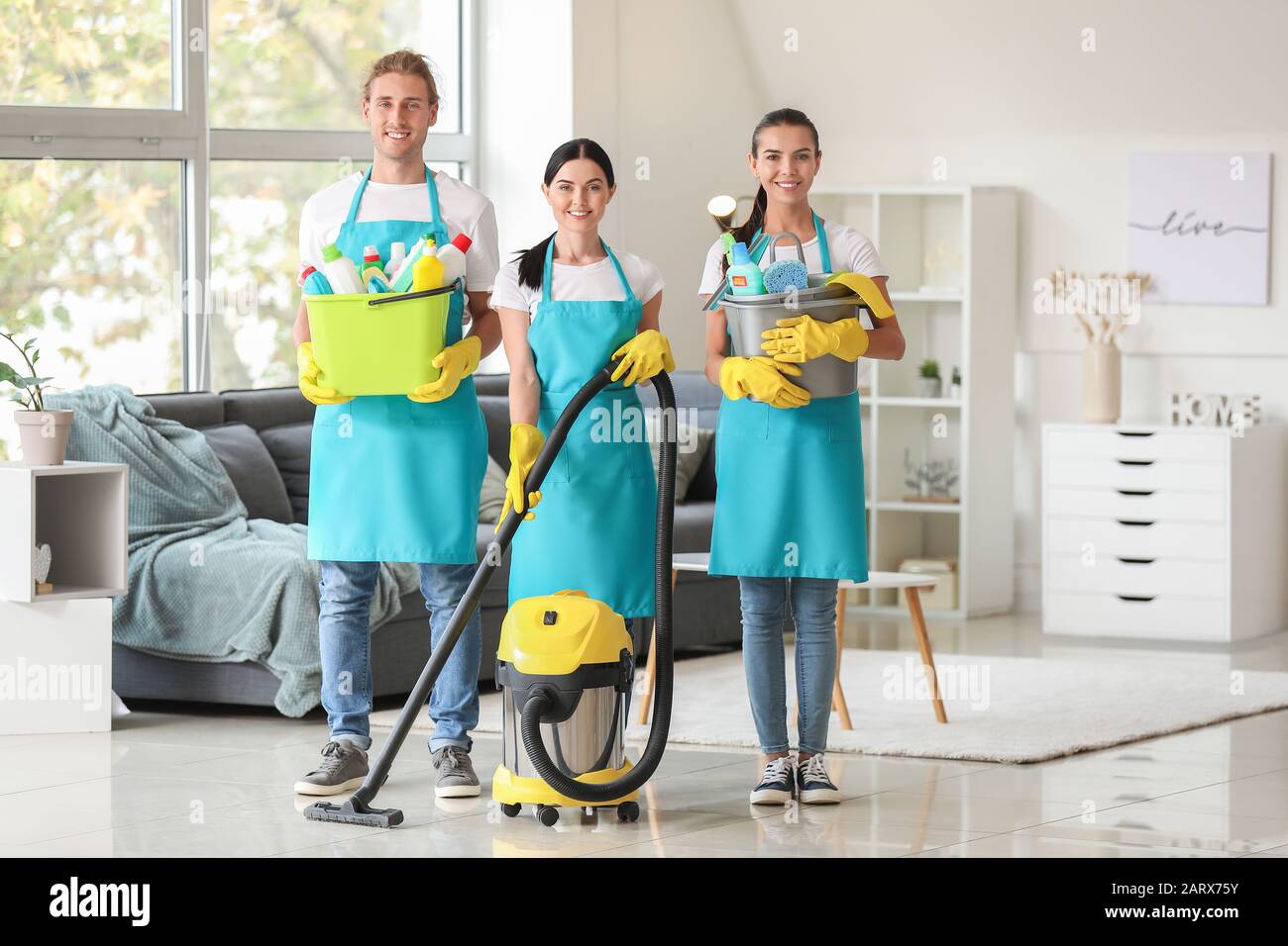 Team of janitors with cleaning supplies in flat Stock Photo - Alamy