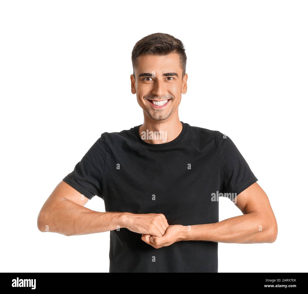 Young deaf mute man using sign language on white background Stock Photo ...