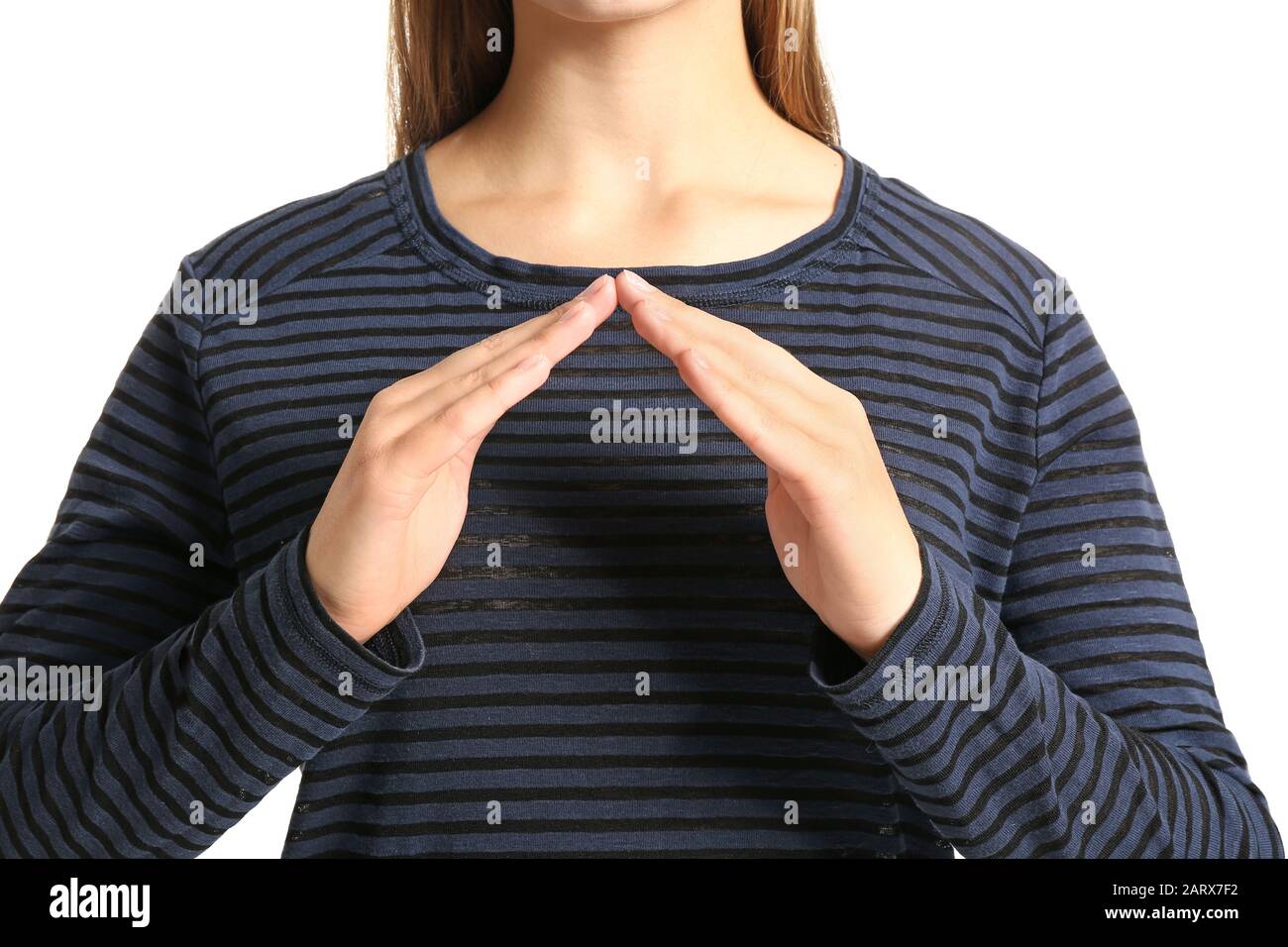 Young deaf mute woman using sign language on white background Stock ...