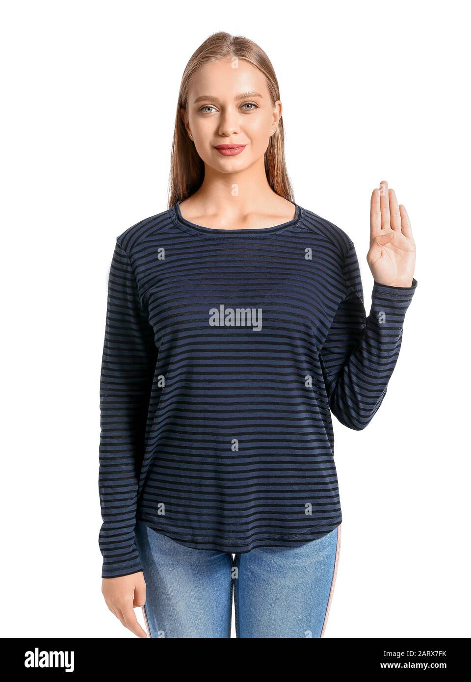 Young deaf mute woman using sign language on white background Stock ...