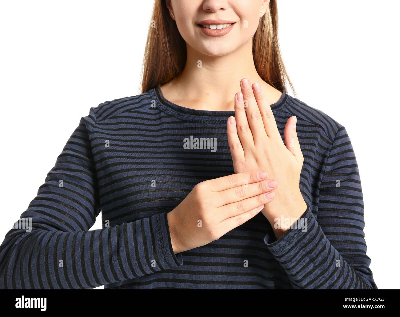 Young deaf mute woman using sign language on white background Stock ...