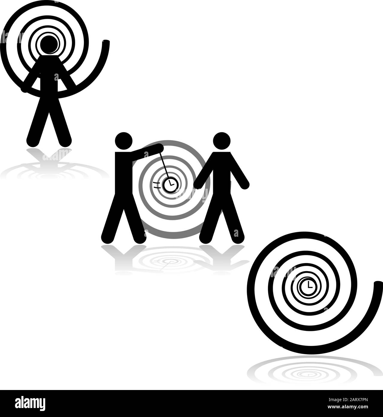 Icon set showing a man being hypnotized, another hypnotizing someone ...