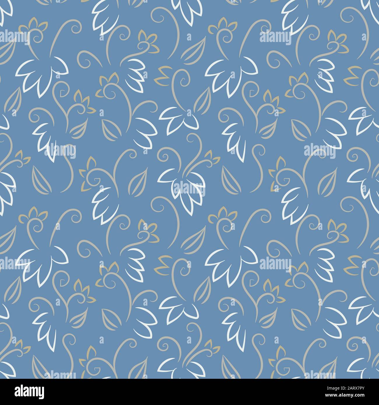 minimal doodle plants seamless vevctor pattern in muted blue color ...