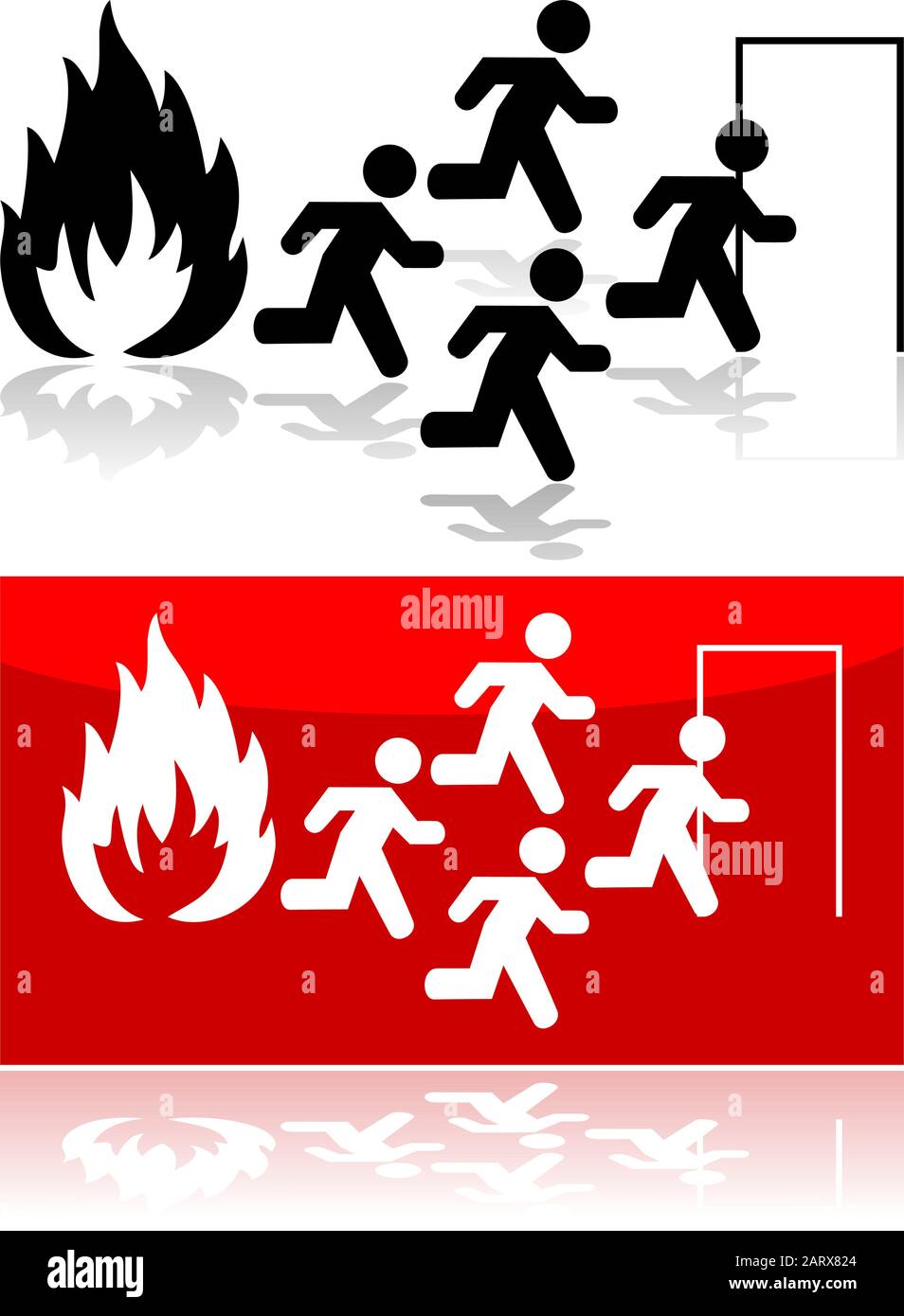 Icon illustration showing people running from a fire towards a door ...