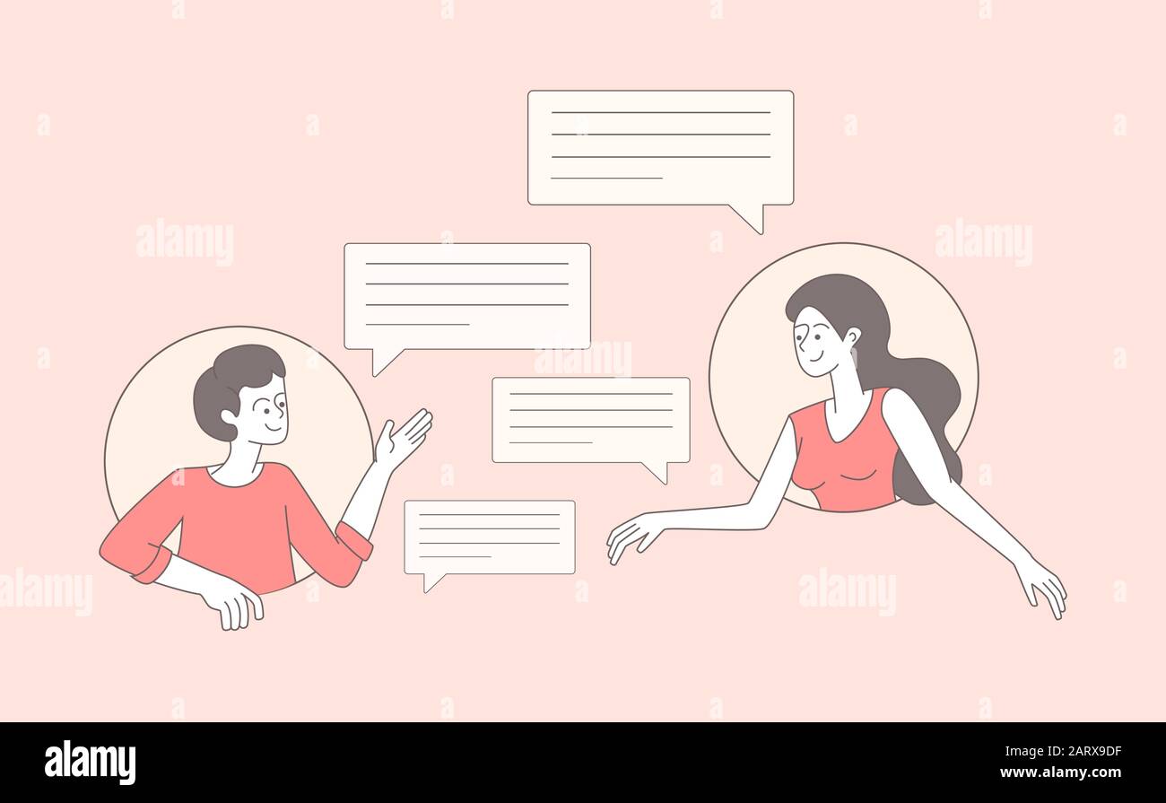 Friends exchanging emails outline vector illustration. Young couple ...