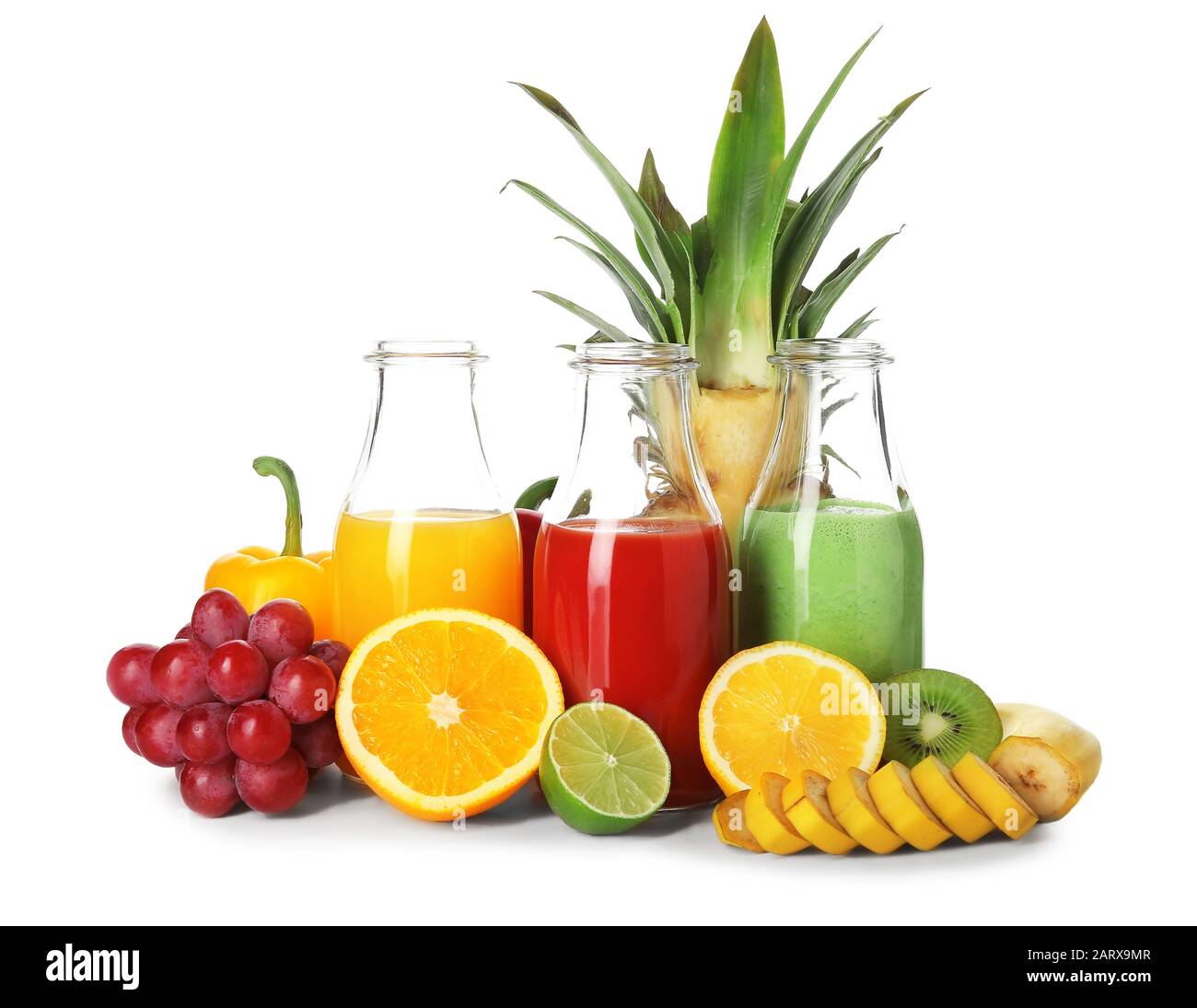 Bottles of fresh juice isolated on white Stock Photo - Alamy