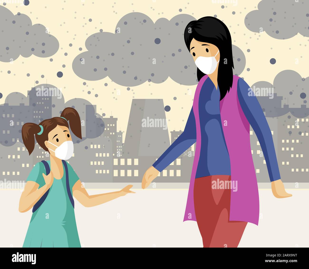 Mother, daughter wearing masks flat illustration. Woman with little ...