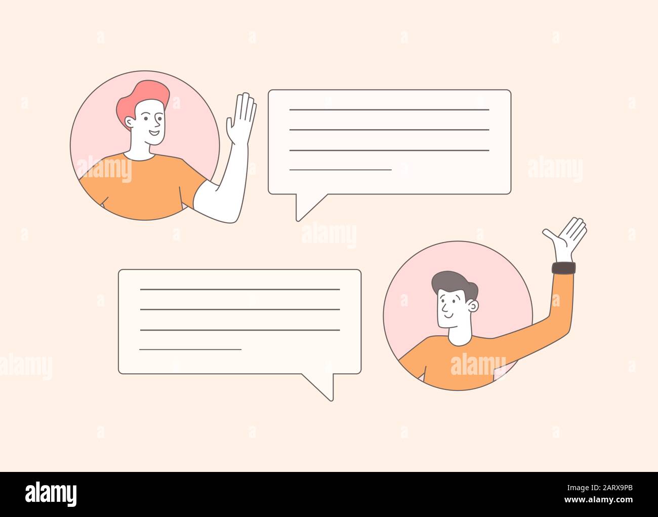 Guys exchanging messages outline vector illustration. Cheerful male ...