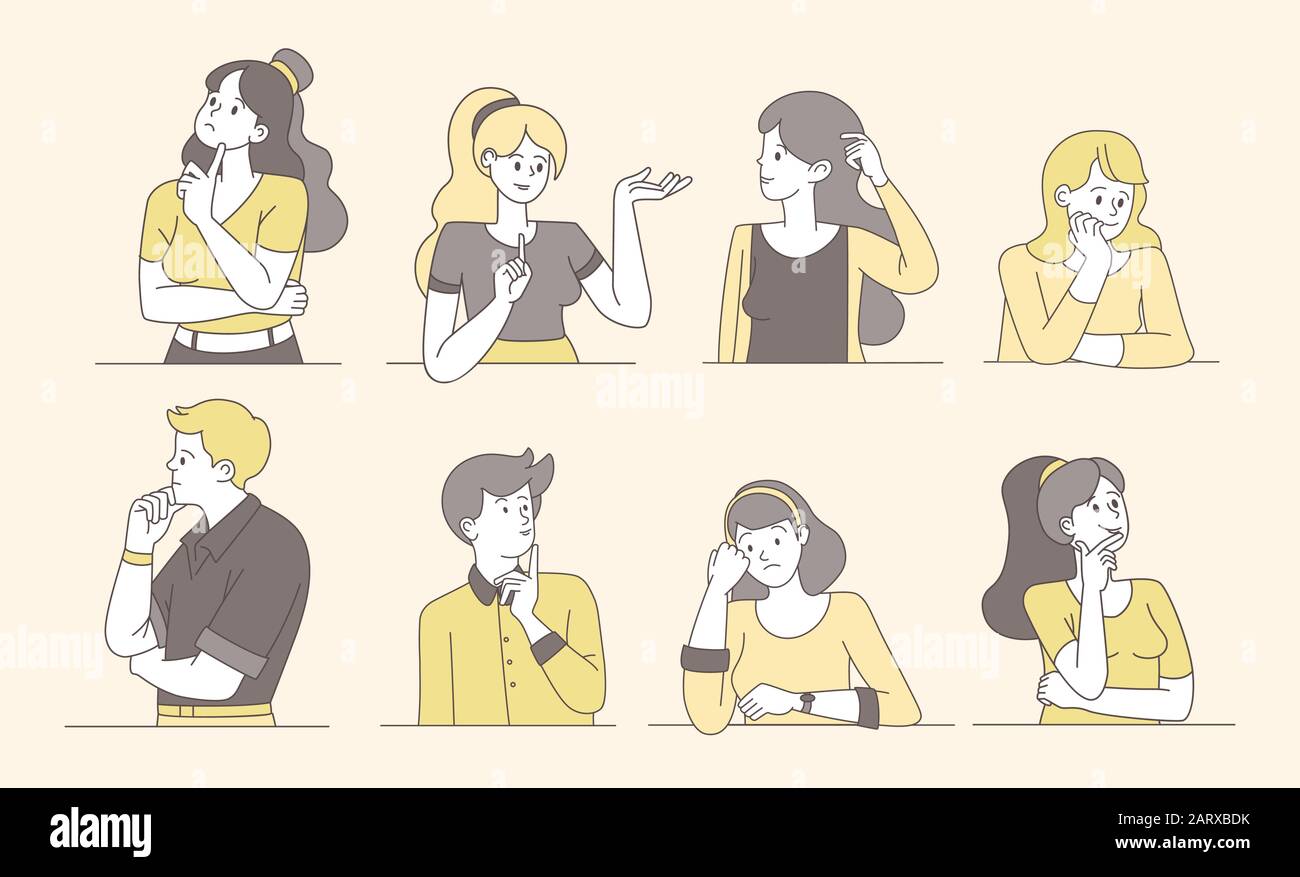 Pensive, thoughtful people cartoon linear illustrations. Young guys and ...