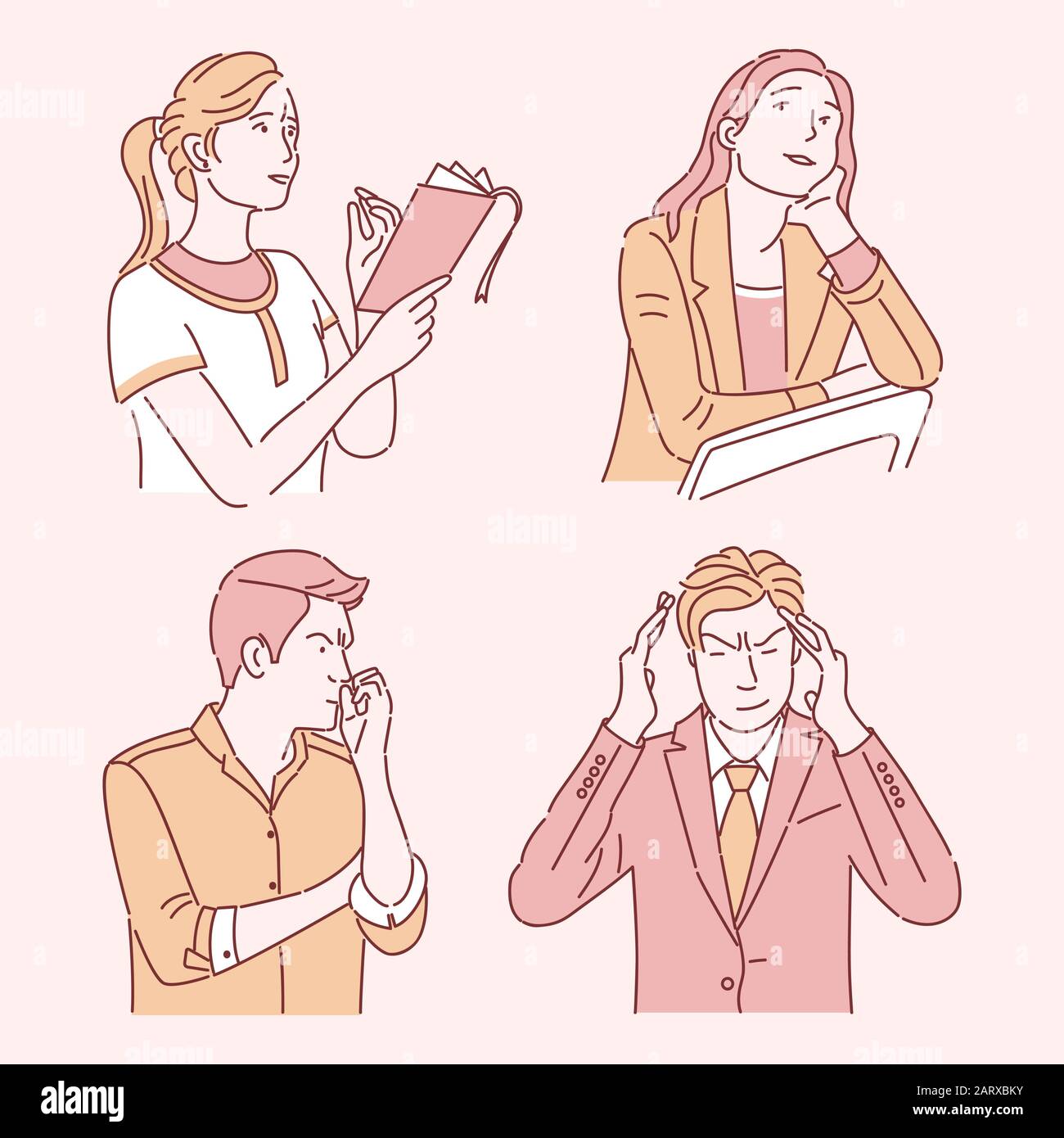 People thinking flat vector illustrations set. Thoughtful and dreaming young women, confused ...