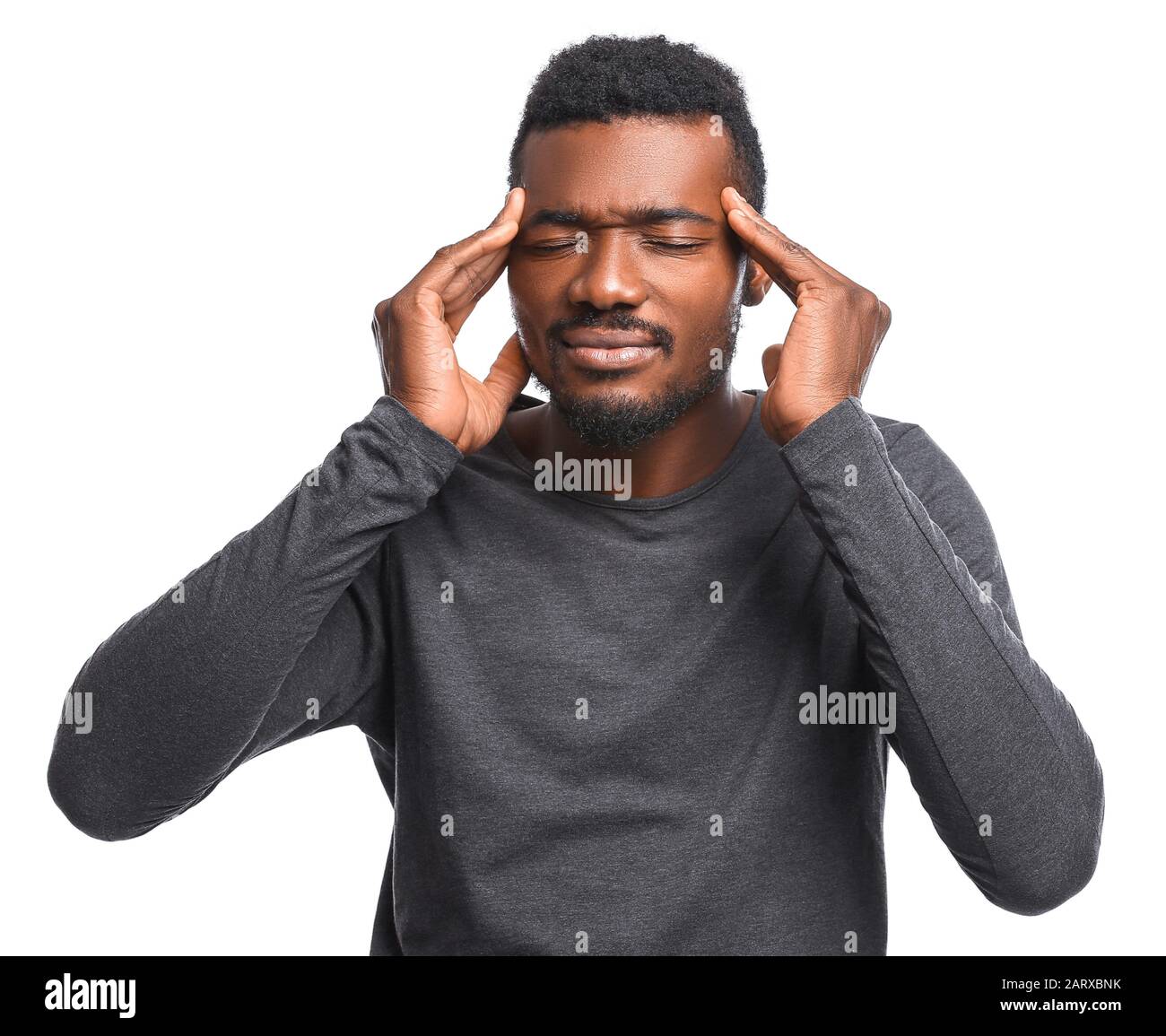 Portrait of stressed African-American man on white background Stock ...
