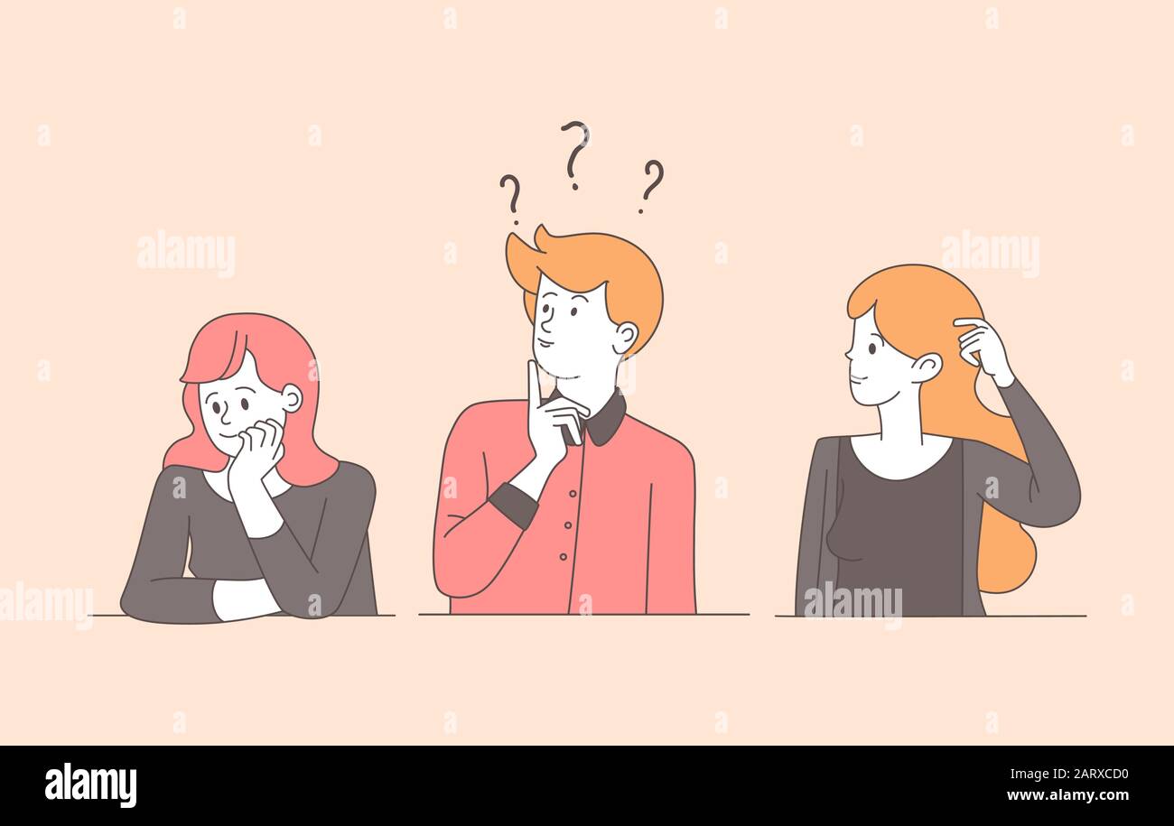 Confused young people linear cartoon illustration. Guy, pretty uncertain girls solving problem ...